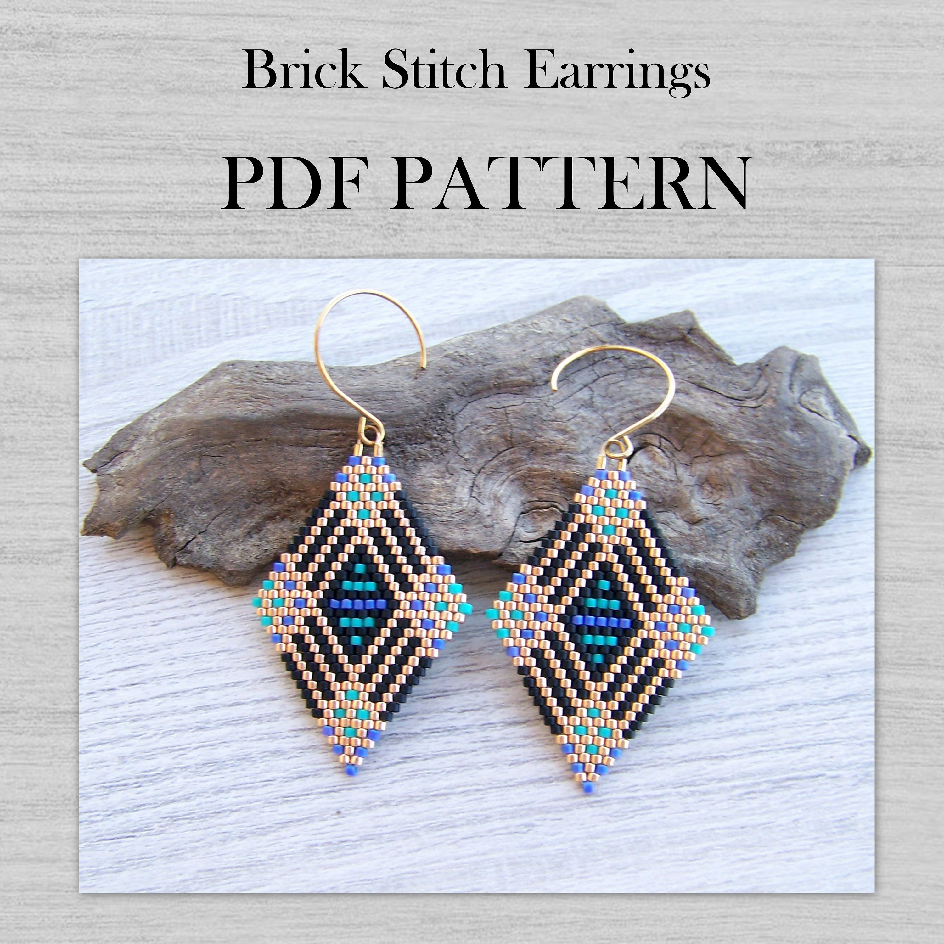 Geometric Brick Stitch Earrings PDF Pattern, Black Gold Blue Rhombus ...