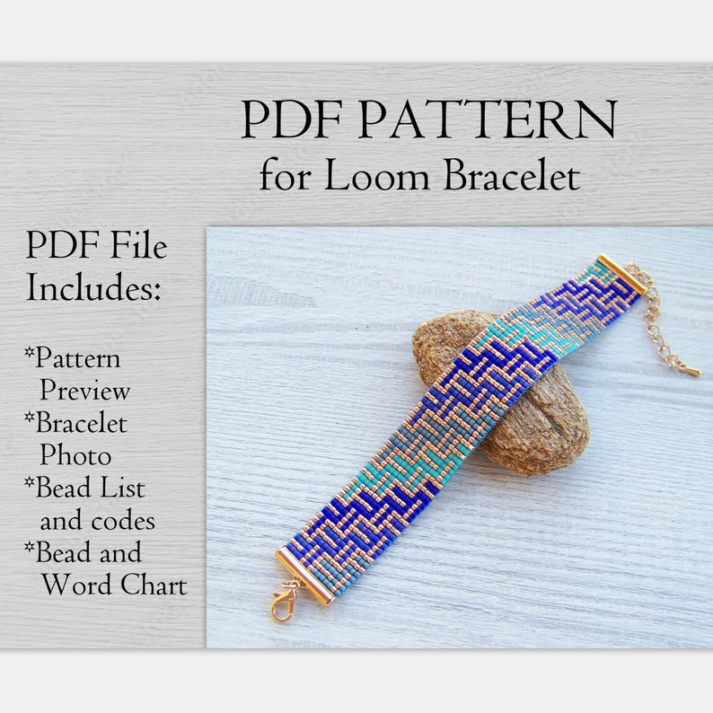 Labyrinth Pattern Loom Bracelet Pattern, Miyuki Delica Bracelet PDF Pattern, Beading Gold Blue ...