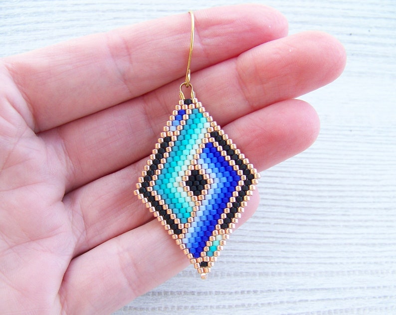 Rhombus Earrings Pattern, Blue Turquoise Shades Brick Stitch Miyuki ...