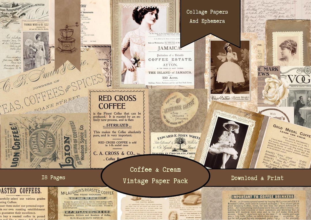 Coffee & Cream Vintage Paper Pack | Coffee Junk Journal Kit | Scrapbook ...