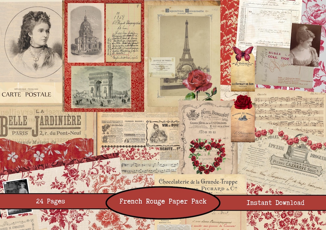 French Rouge Vintage Junk Journal Paper Pack | Digital Red Collage ...