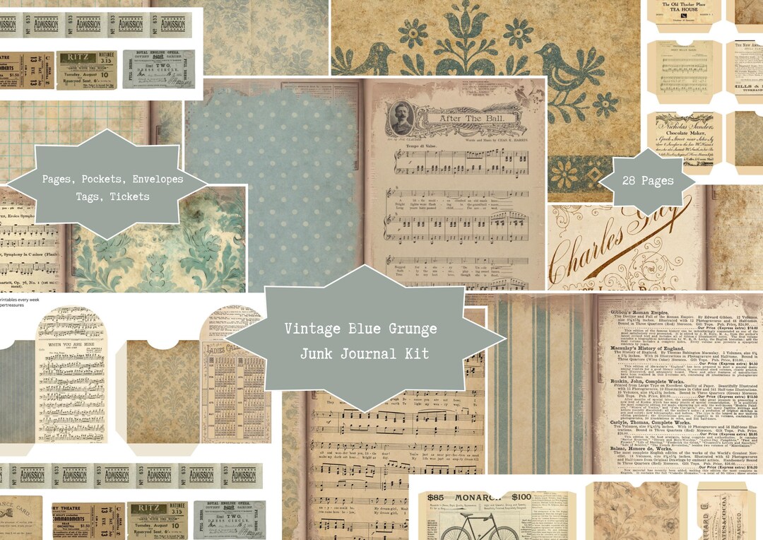 Vintage Blue Grunge Junk Journal Kit | Digital Download | Antique Pages ...