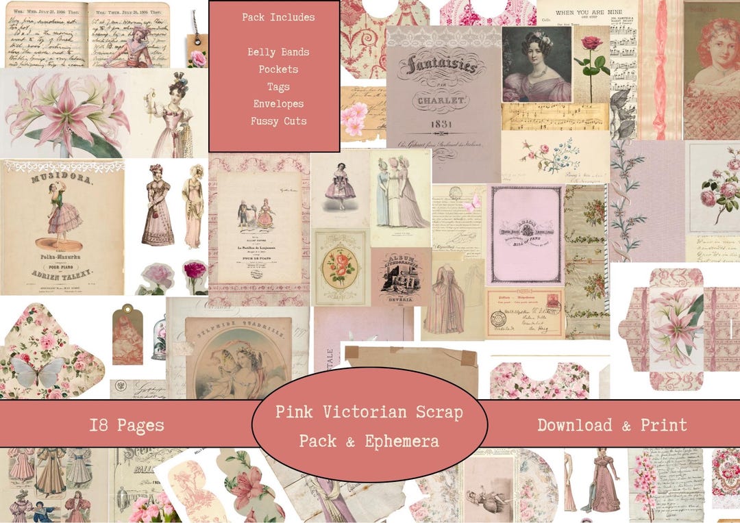 Pink Victorian Scrap Pack and Ephemera | Junk Journal Digital Kit ...