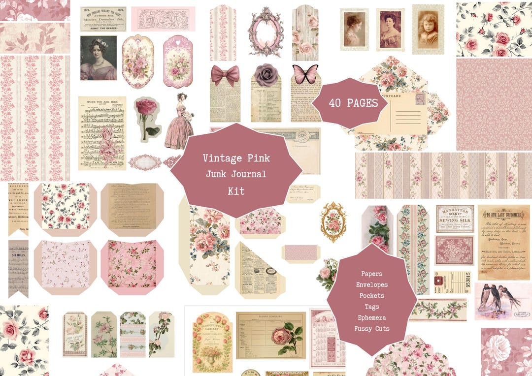 Vintage Pink Junk Journal Kit | Shabby Chic Digital Pages, Pockets ...