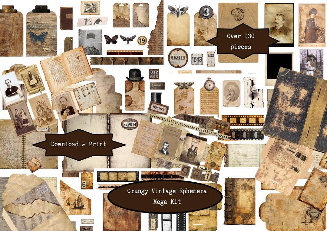 Grungy Vintage Ephemera Junk Journal Digital Kit | Printable Elements ...