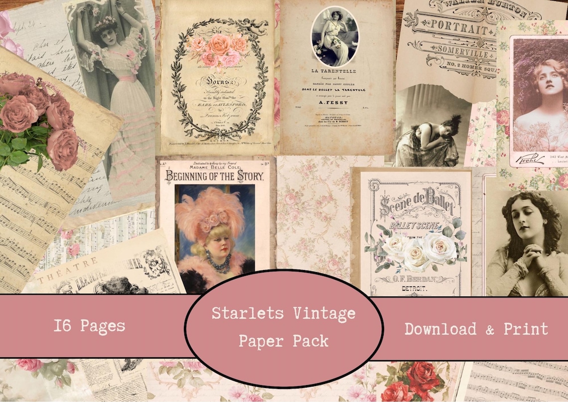 Starlets Vintage Paper Pack | Printable Junk Journal Pages | Antique ...