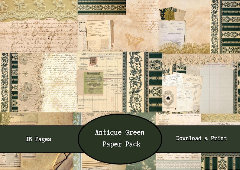 Antique Green Digital Paper Pack | Vintage Printable Collection ...