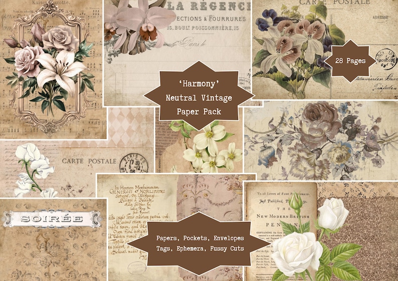 Harmony, Neutral Vintage Paper Pack, Printable Junk Journal Kit ...