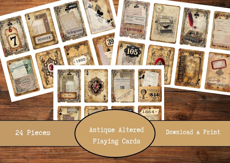 24 Altered Vintage Playing Cards | Antique Printable Ephemera | Junk ...