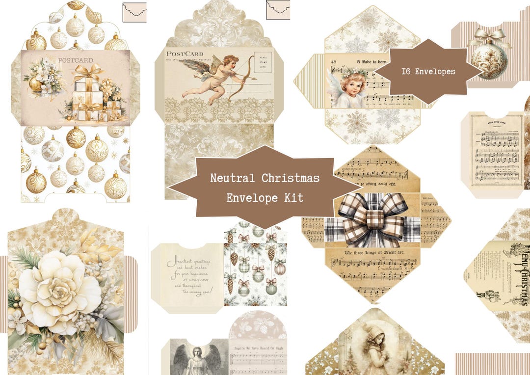 Vintage Christmas Digital Envelope Kit | Neutral & Gold DIY Envelopes ...