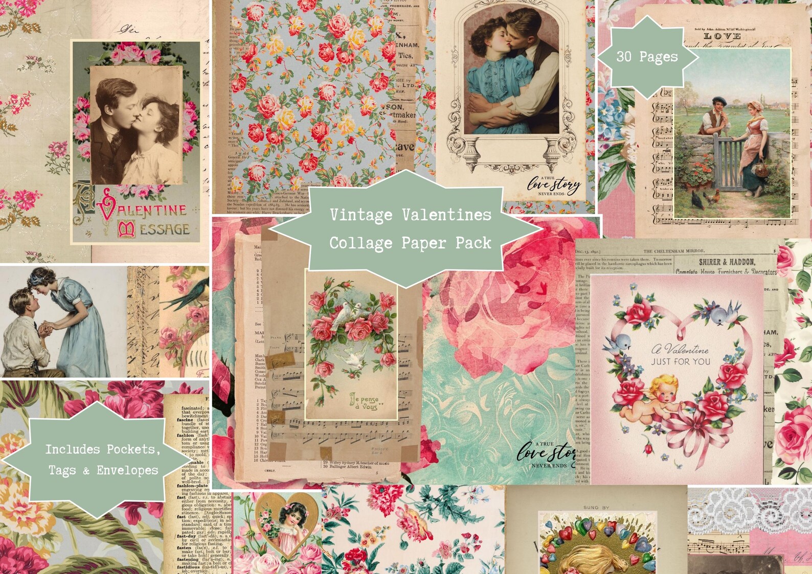 Vintage Valentines Collage Paper Pack | Digital Download | Junk Journal ...