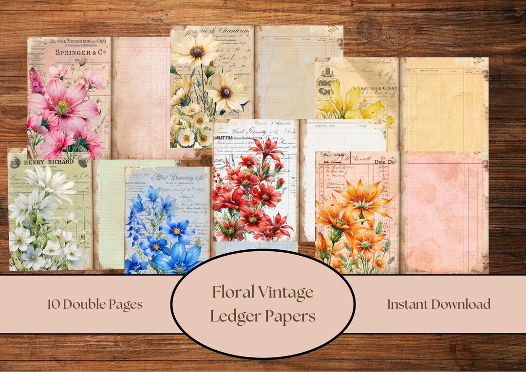 Floral Vintage Ledger Pages, Printable Junk Journal Papers, Scrapbook ...