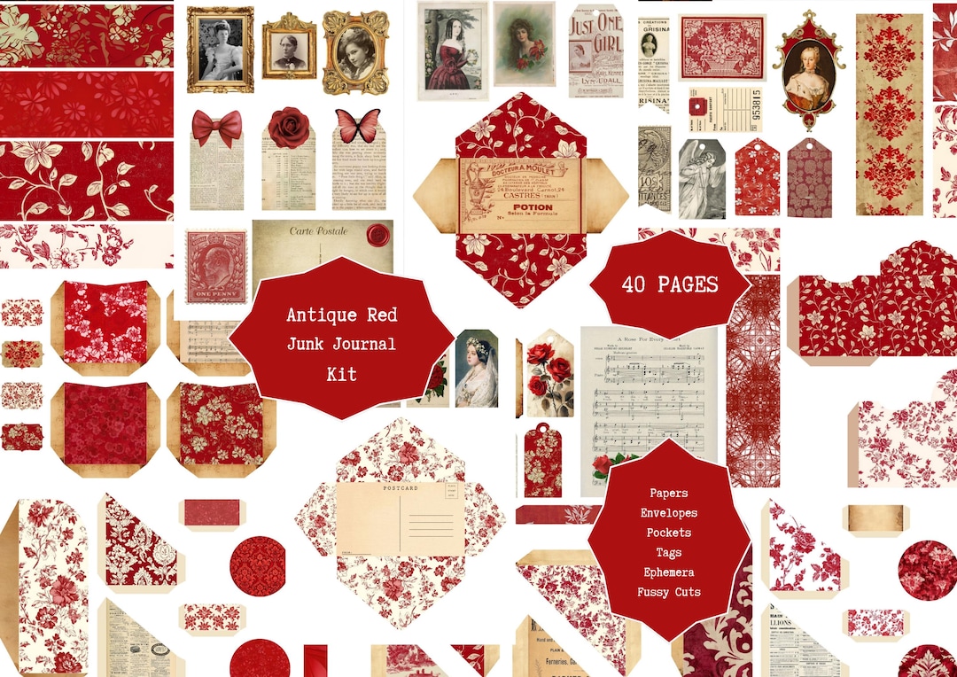 Antique Red Junk Journal Kit | Digital Vintage Pages, Pockets, Tags ...