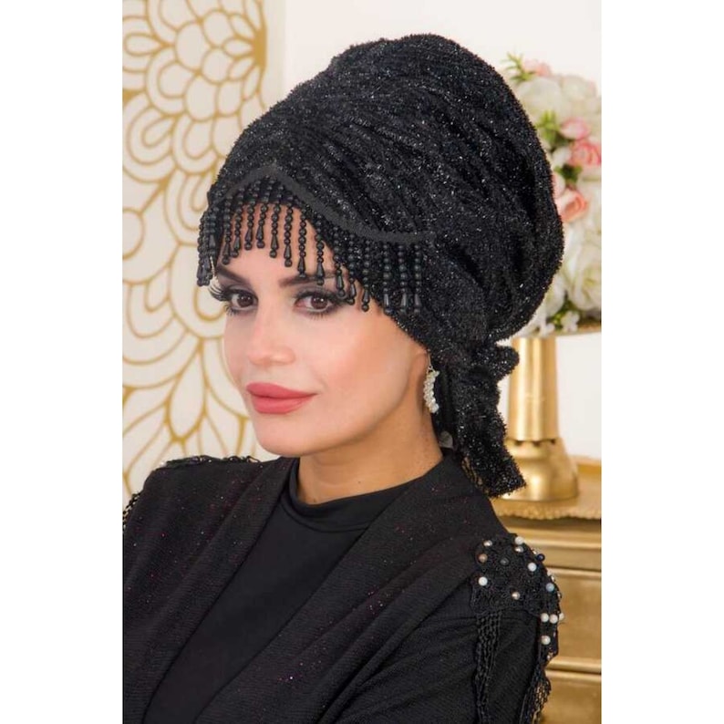 Black Glitter Accessory Detailed Fancy Hijab Evening Dress Hijab Bonnet ...
