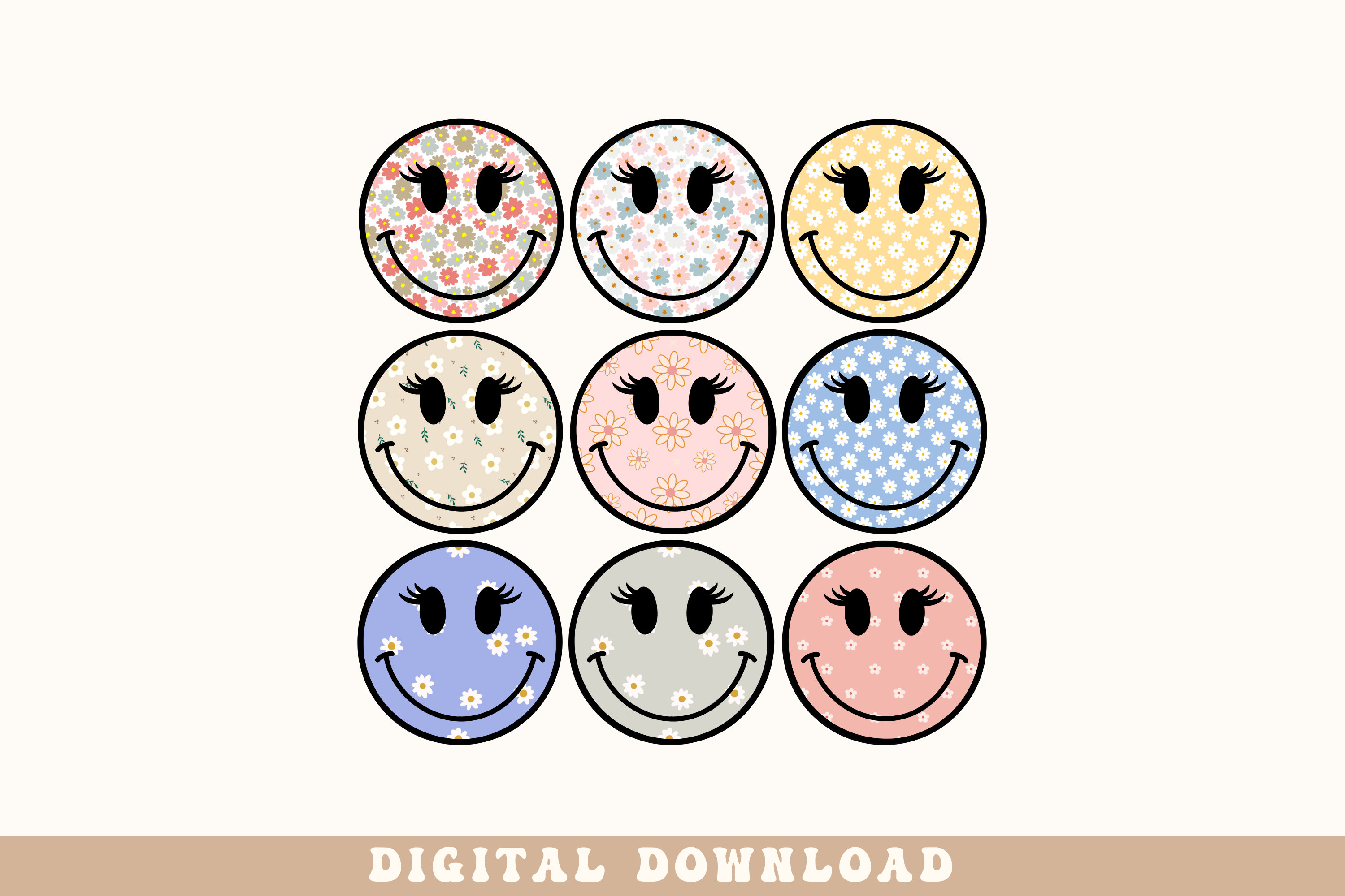 Preppy Smile Face Png, Flower Face Png, Groovy Smile Face Png Bundle ...