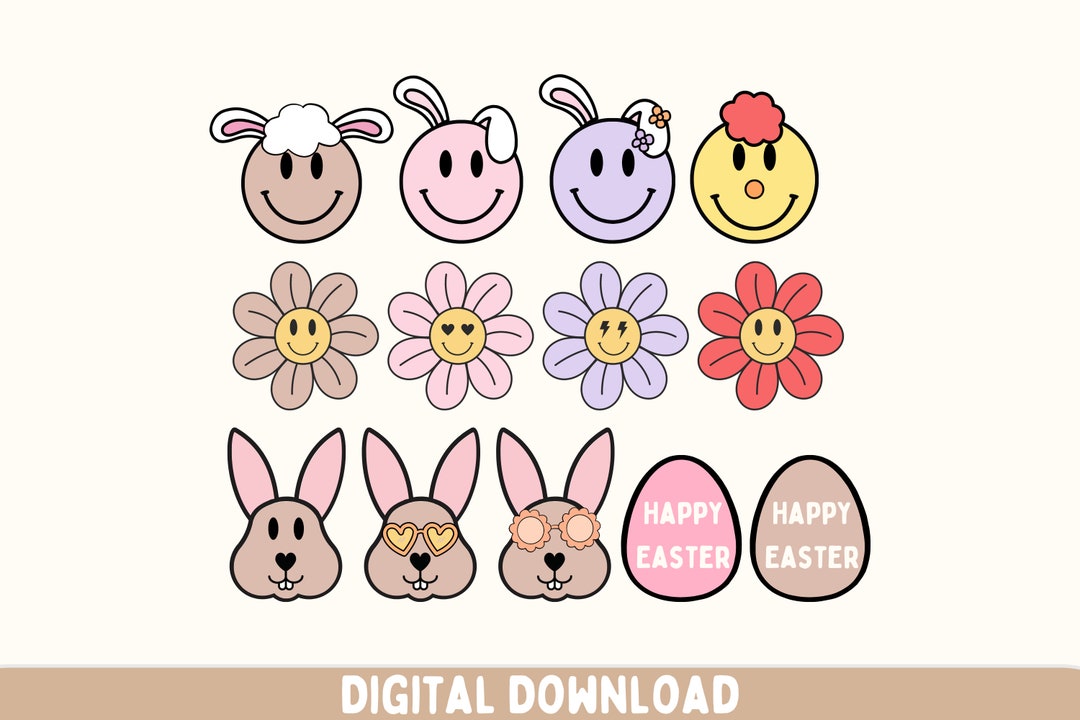 Easter Smile Face Png, Groovy Easter Bundle, Retro Easter Bundle, Happy ...
