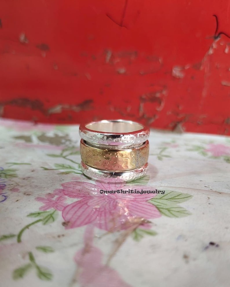 Handcrafted Unique Hammered Mixed Metal Ring Solid Gold Spinner Ring ...