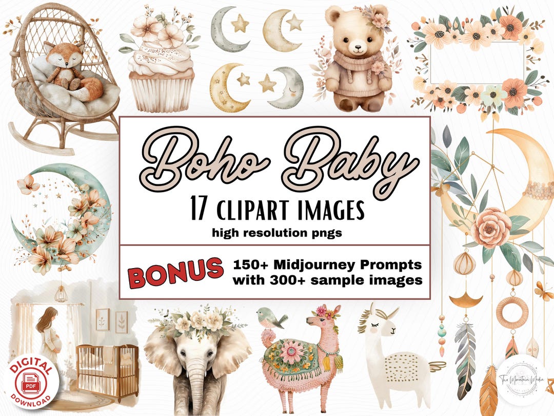 Boho Baby Clipart Kit BONUS 150 Boho Baby Midjourney Prompts Prompts ...