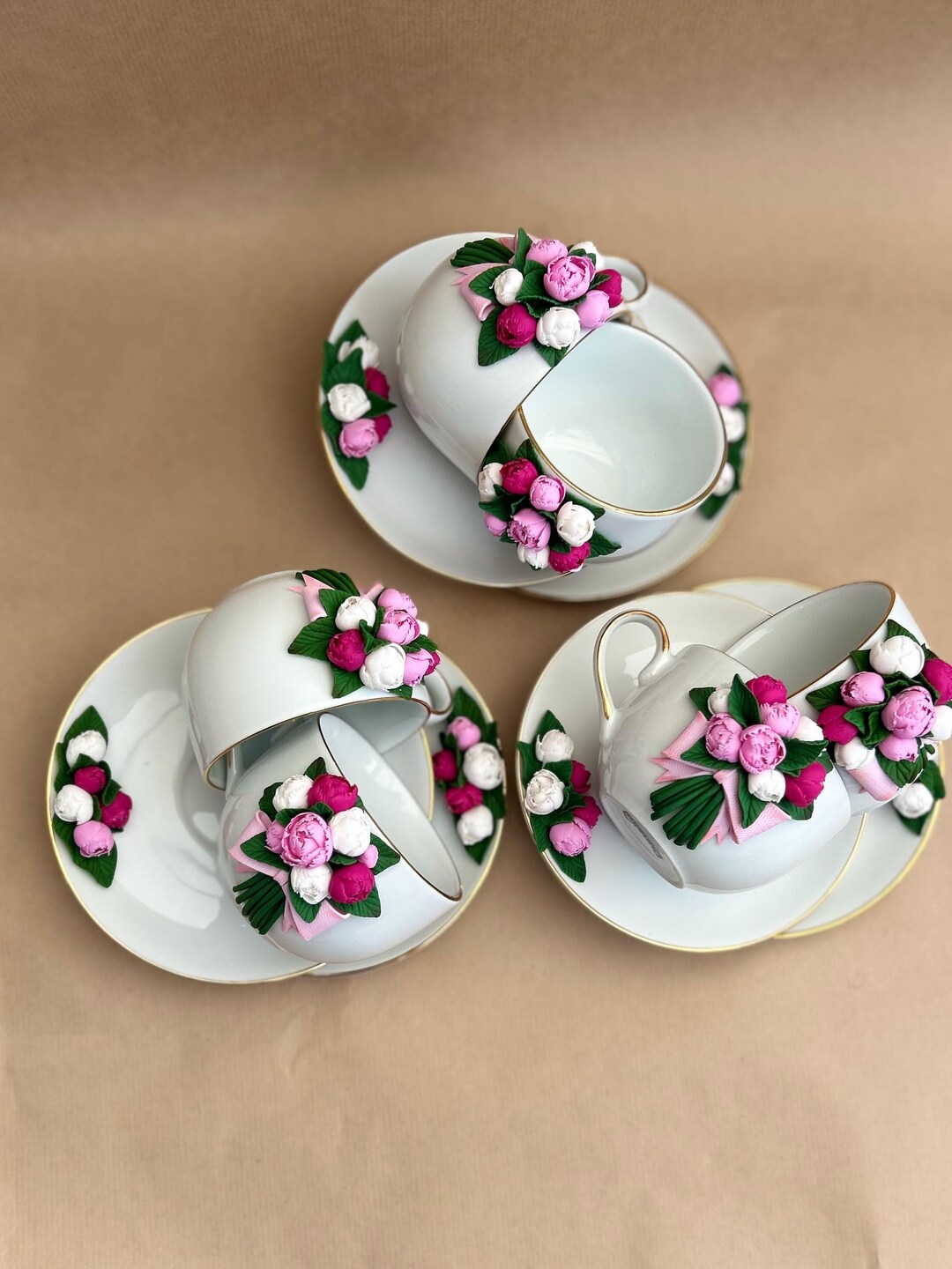 Set of 6 Peony Bouquet Cups and Saucers, Handmade Floral Tea Set ...