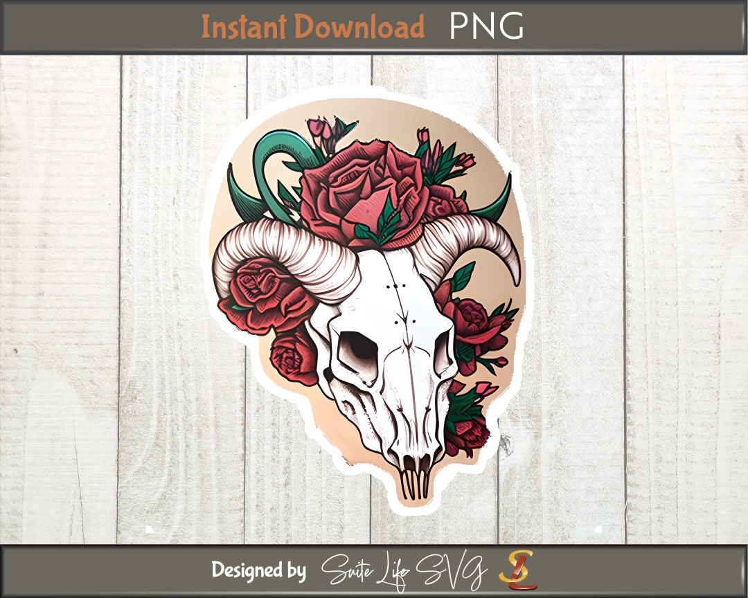 Macabre Ram Skull Sticker PNG Bighorn and Roses Sticker - Etsy