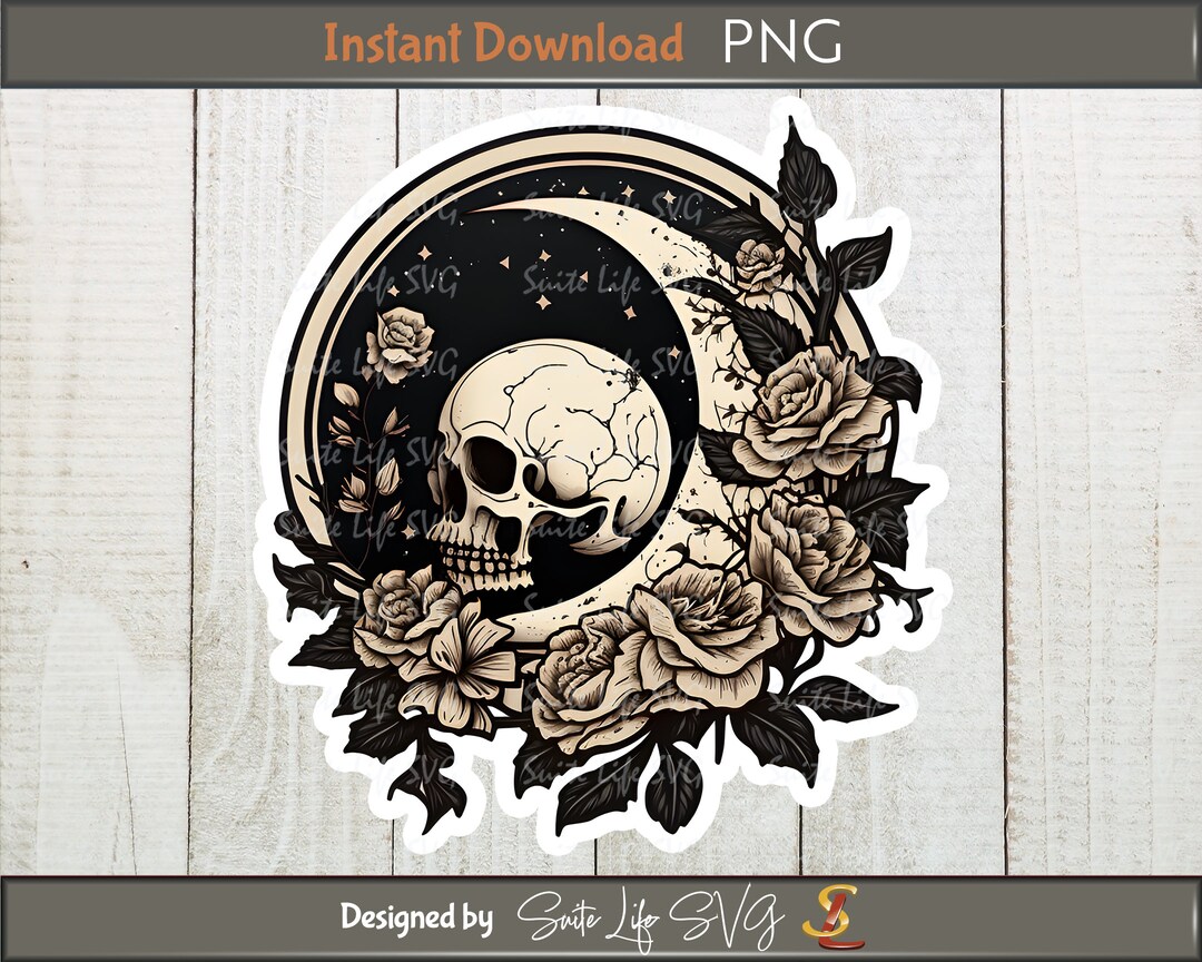 Macabre Skull and Moon Sticker PNG , Skull and Roses Sticker , Crescent ...
