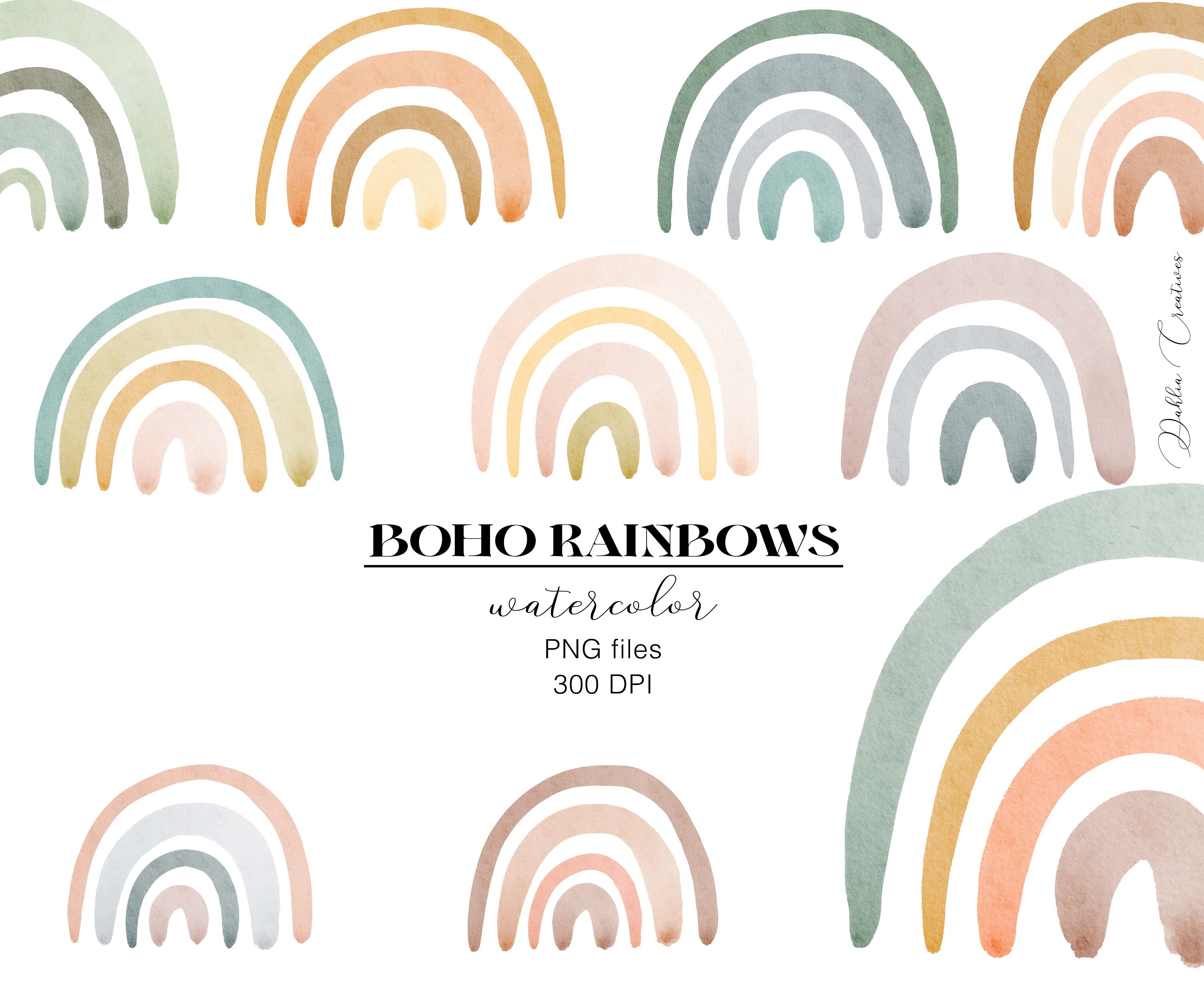 Watercolor Boho Rainbows Clipart Set Pngs for Design Aquarell Elements ...