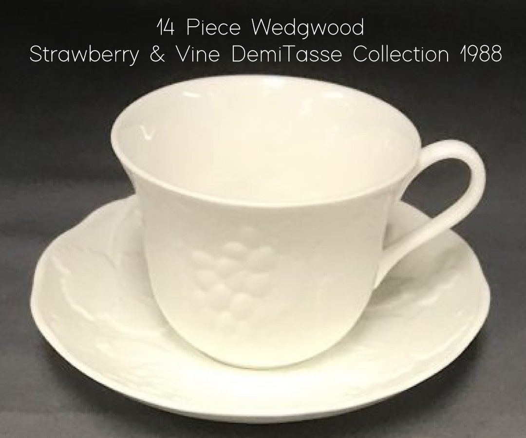 White Wedgwood Demitasse Set Teacup and Saucers Strawberry and Vine Collection Fine English Bone ...
