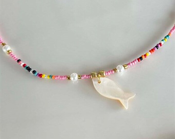 Pink Fish Figure Beaded Necklace, Seed Bead Necklace, Fish Necklace - Etsy