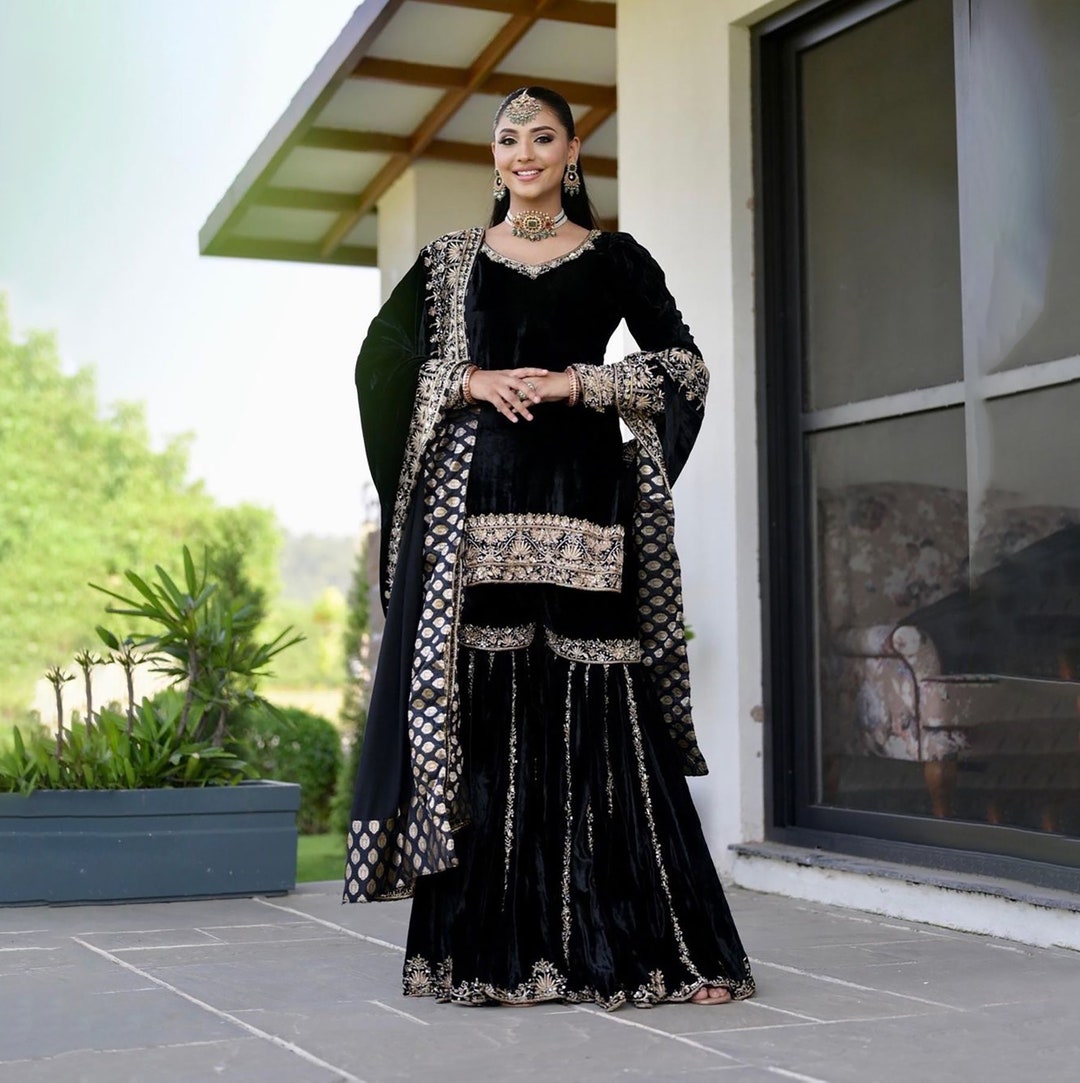 Winter Wear Velvet Sharara Gharara Suit, Black Indian Zari Embroidery ...