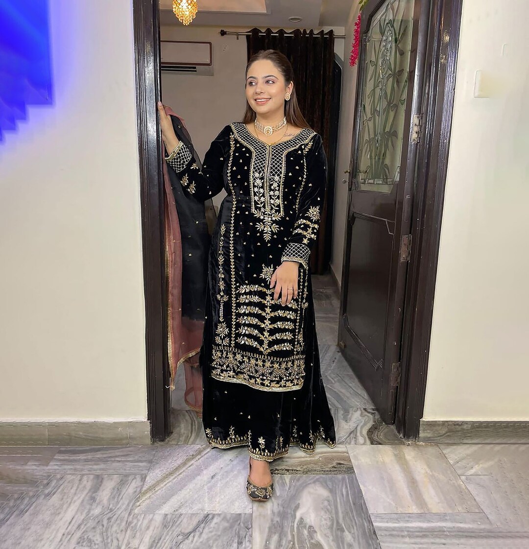 Winter Wear Velvet Sharara Gharara Suit, Kurta Palazzo Set, Black ...