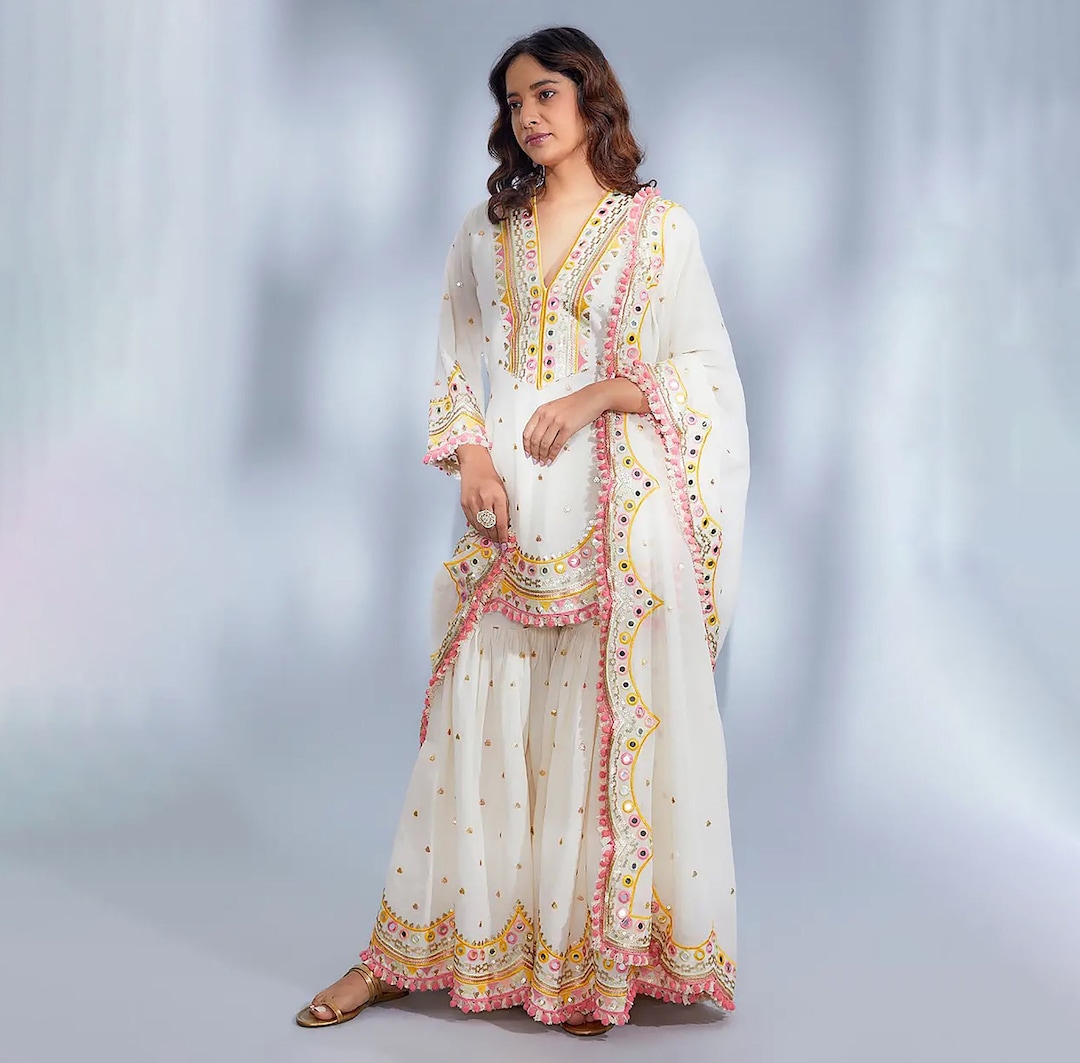 White Pakistani Sharara Multicolor 3 Peice Set, Heavy Embroidery ...
