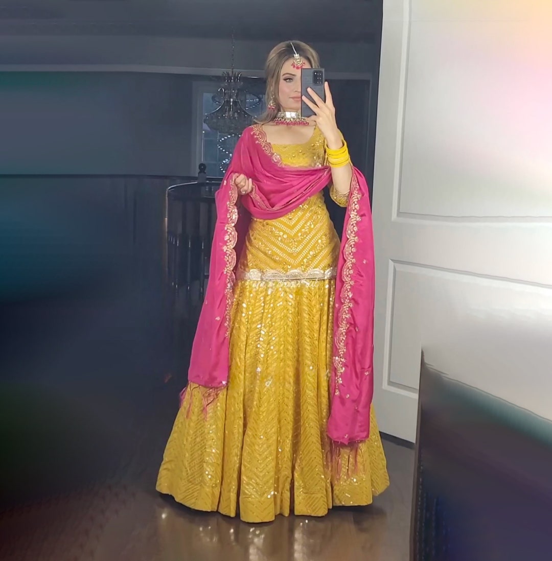 Haldi Ceremony Yellow Lehenga Set, Designer Sharara Gharara, Pakistan ...