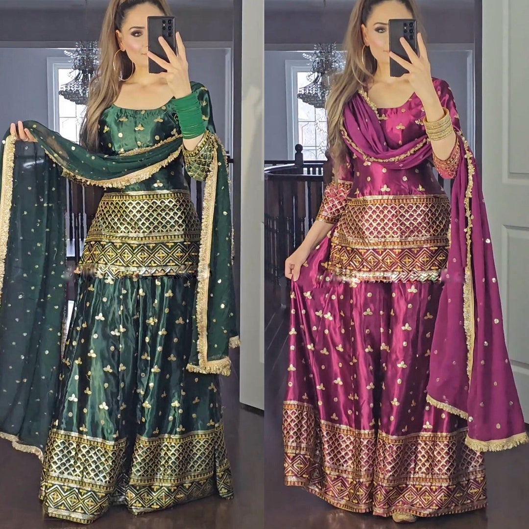 Eid Special Pakistani Sharara Gharara, Modest Muslim Clothing, Satin ...