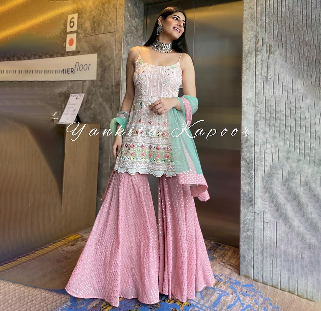 Pink Sharara Gharara Kurti Set, Sleeveless Readymade Indian Sequin ...