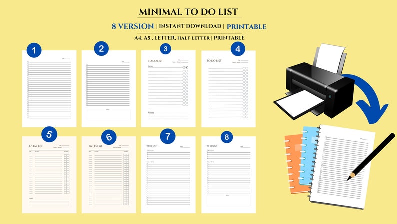 Minimal to Do List Printable 8 Version, Simple Tasks List Template ...