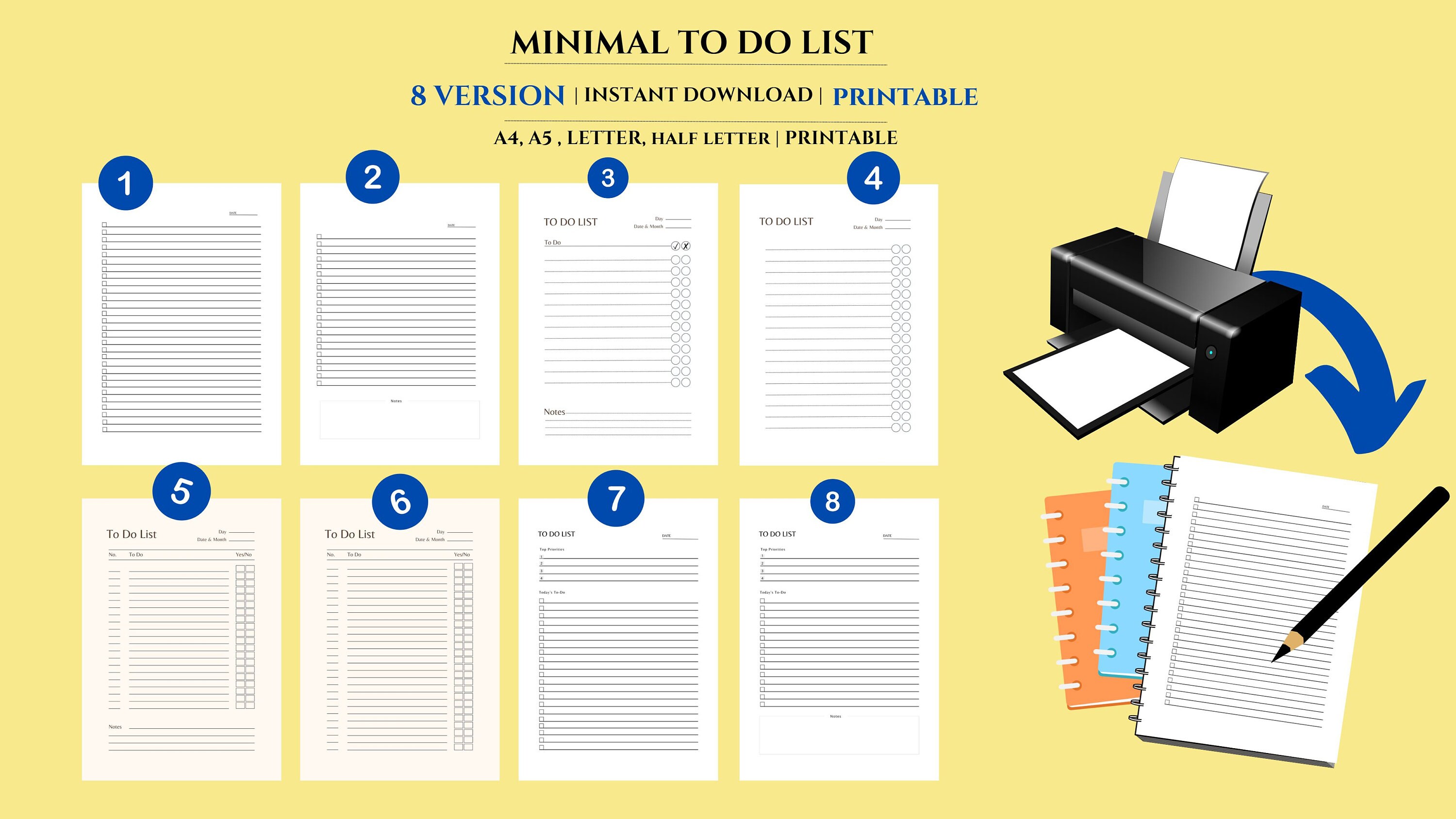 Minimal to Do List Printable 8 Version, Simple Tasks List Template ...