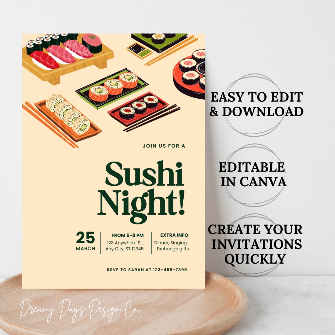 Sushi Night Party Invitation Template | Editable Canva Instant Download ...