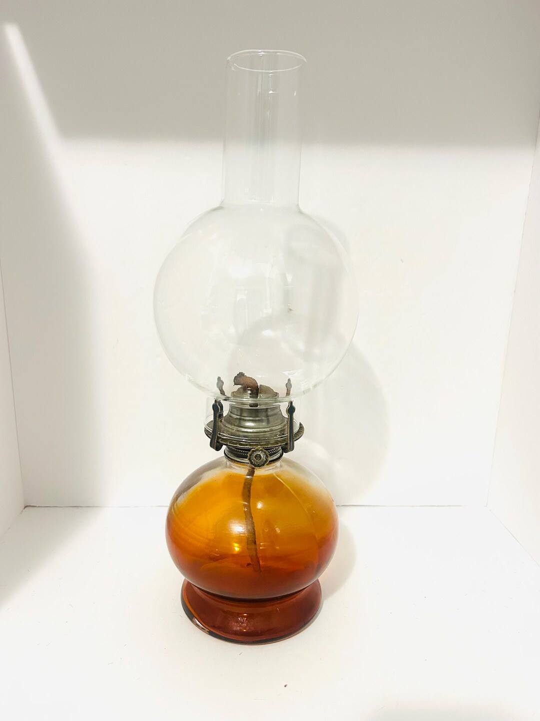 Vintage Amber Round Base Oil Lamp - Etsy