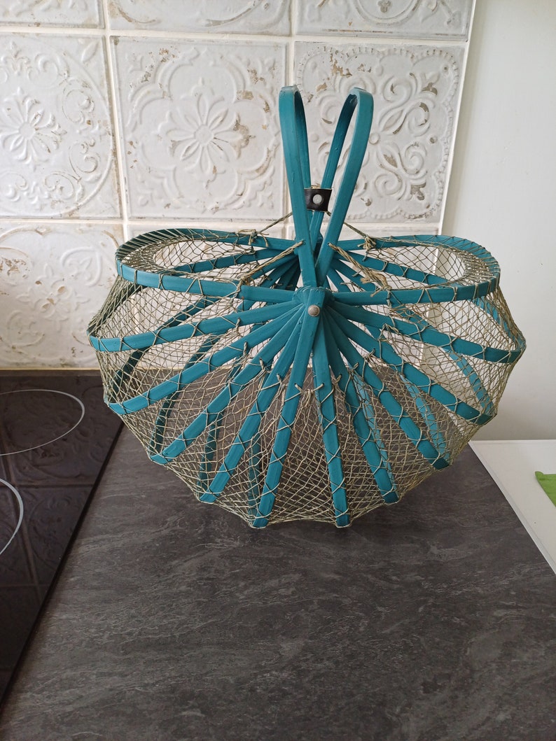 Mid-century, Wicker and Net, Foldable Basket, Japanese Fishing Basket ...