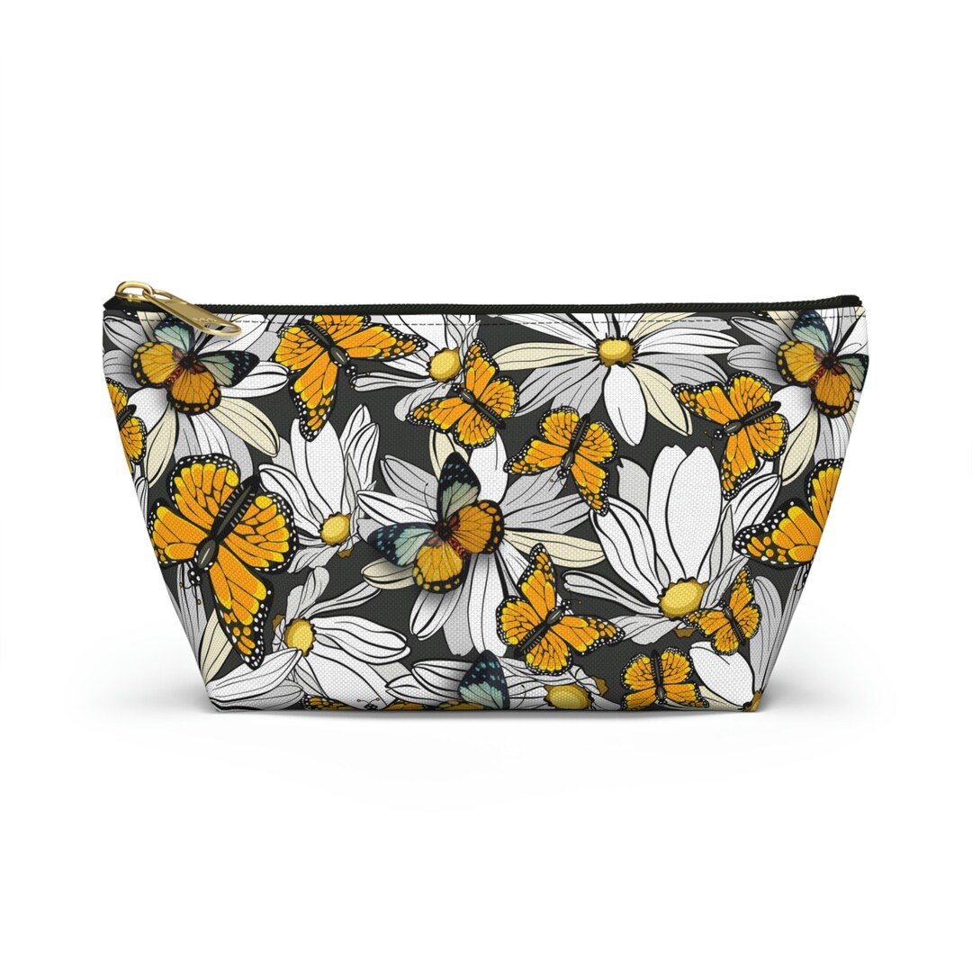 Monarch Butterfly Cute Makeup Bag Daisy Floral Print Toiletry Bag Women