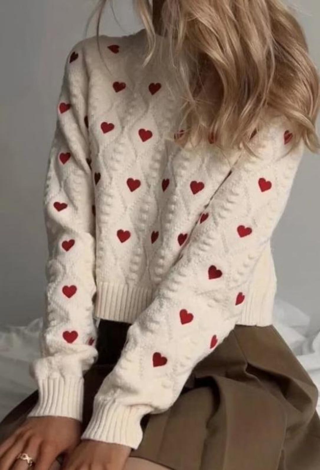 Women's Embroidered Red Heart Sweater/crew Neck Woven Sweater/crew Neck ...