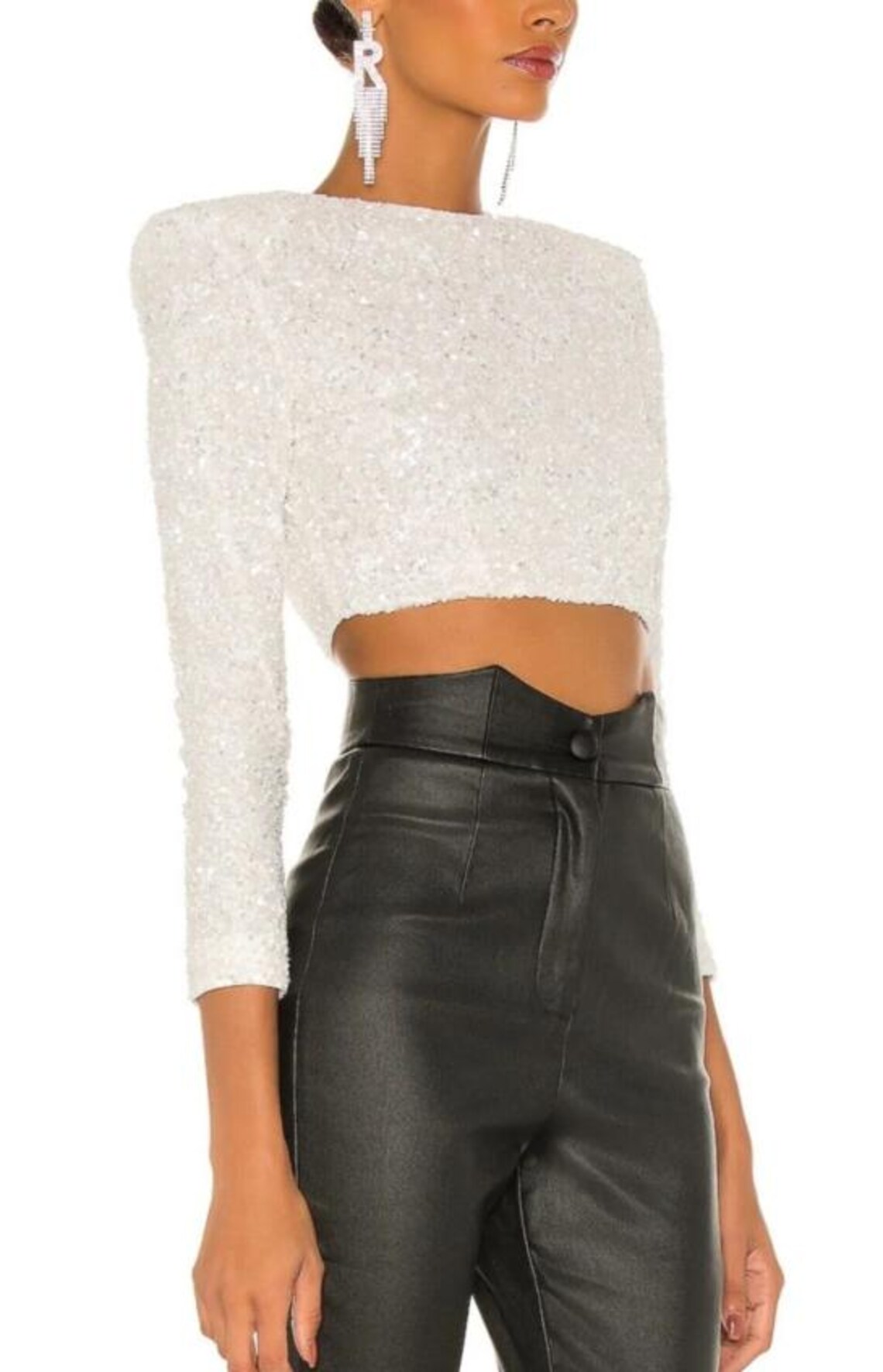 Sequin Long Sleeve Crop Top/party Wear/evening Blouse/elegant Crop/long ...