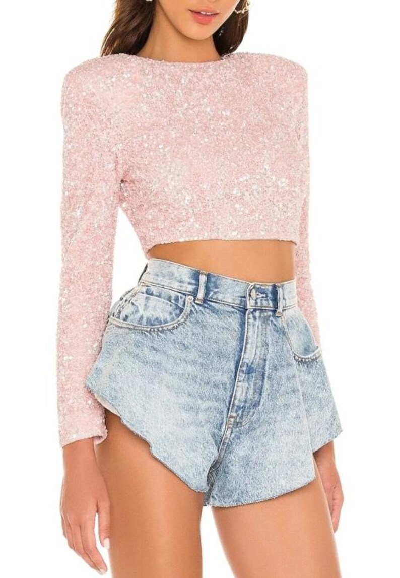 Sequin Long Sleeve Crop Top/party Wear/evening Blouse/elegant Crop/long ...