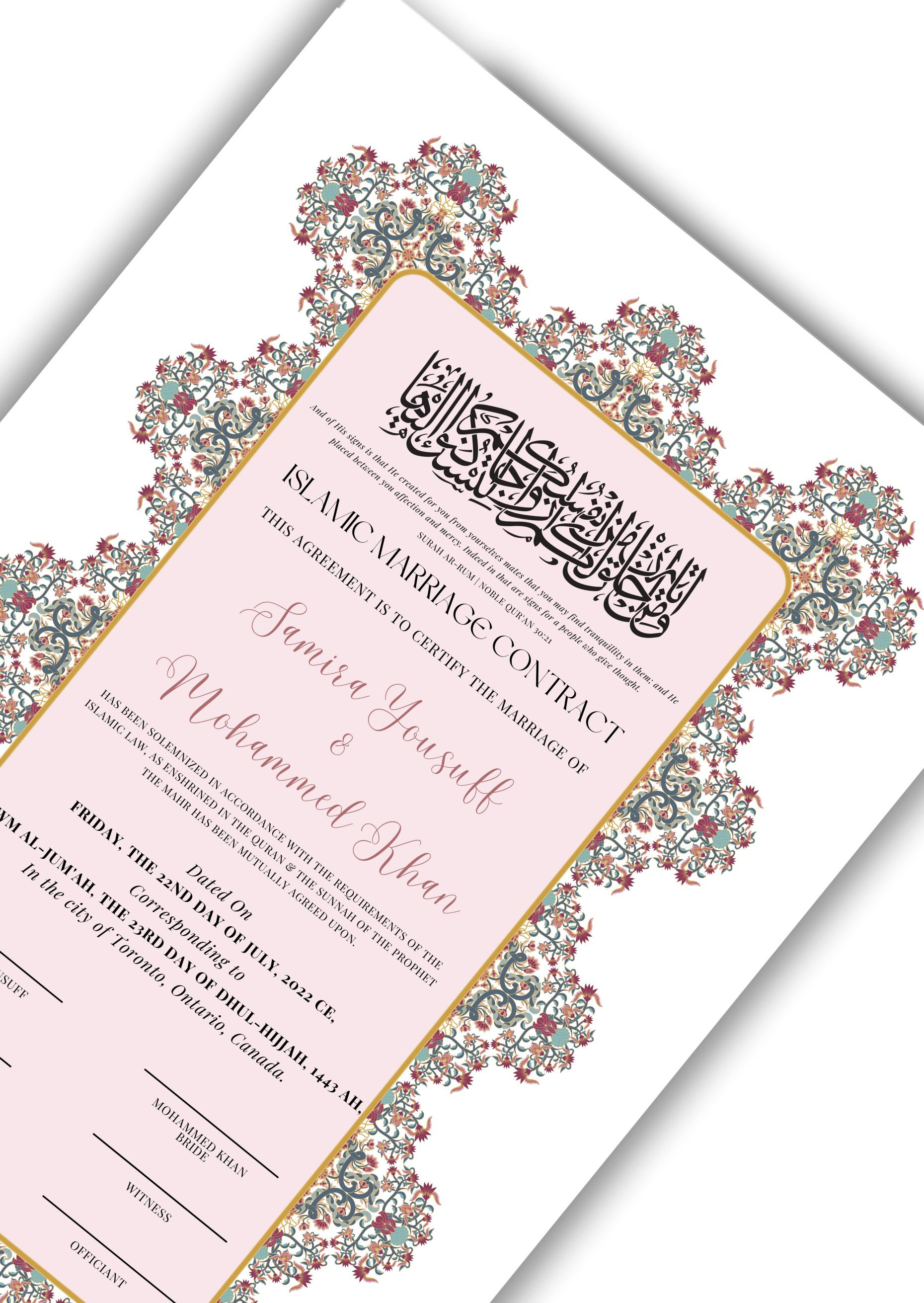 Nikkah Contract, Nikah Nama, Customized Muslim Marriage Certificate ...