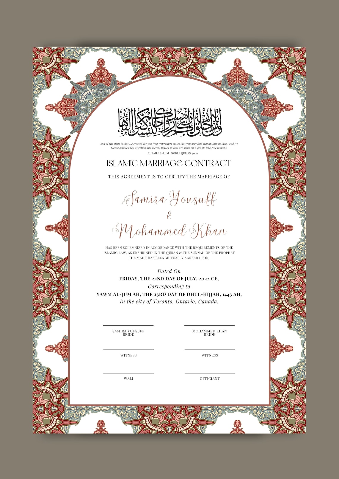 Nikkah Contract, Nikah Nama, Customized Muslim Marriage Certificate ...
