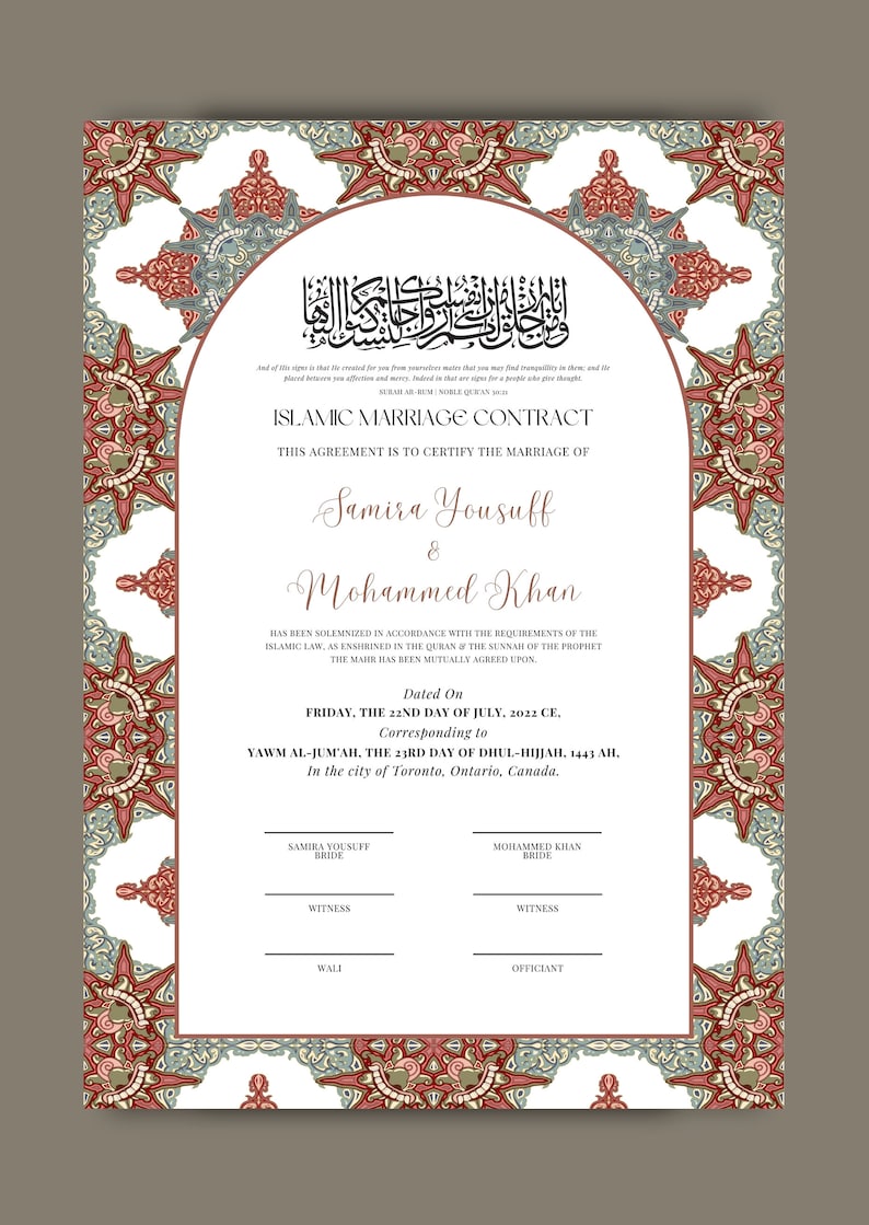 Nikkah Contract, Nikah Nama, Customized Muslim Marriage Certificate ...