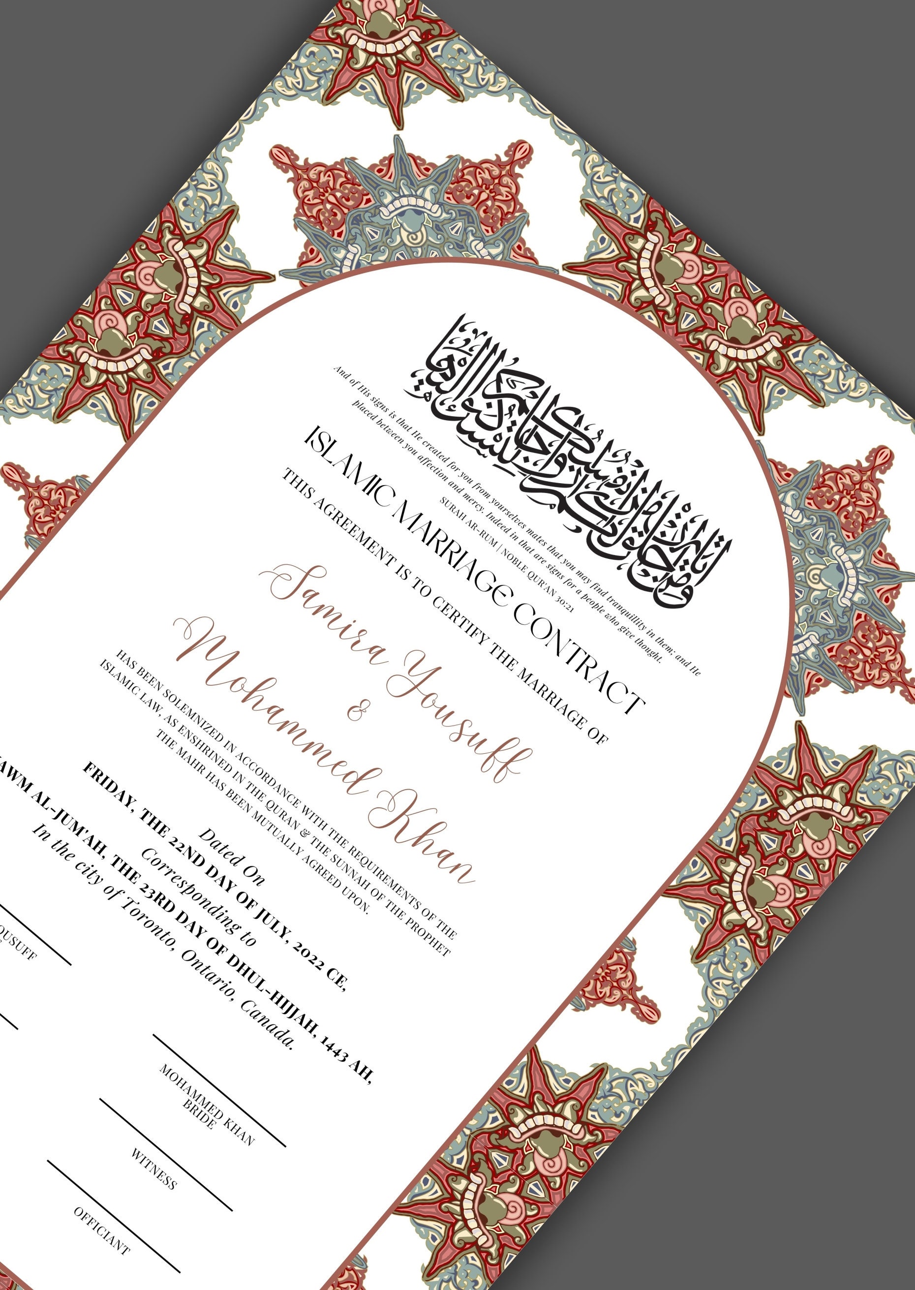 Nikkah Contract, Nikah Nama, Customized Muslim Marriage Certificate ...