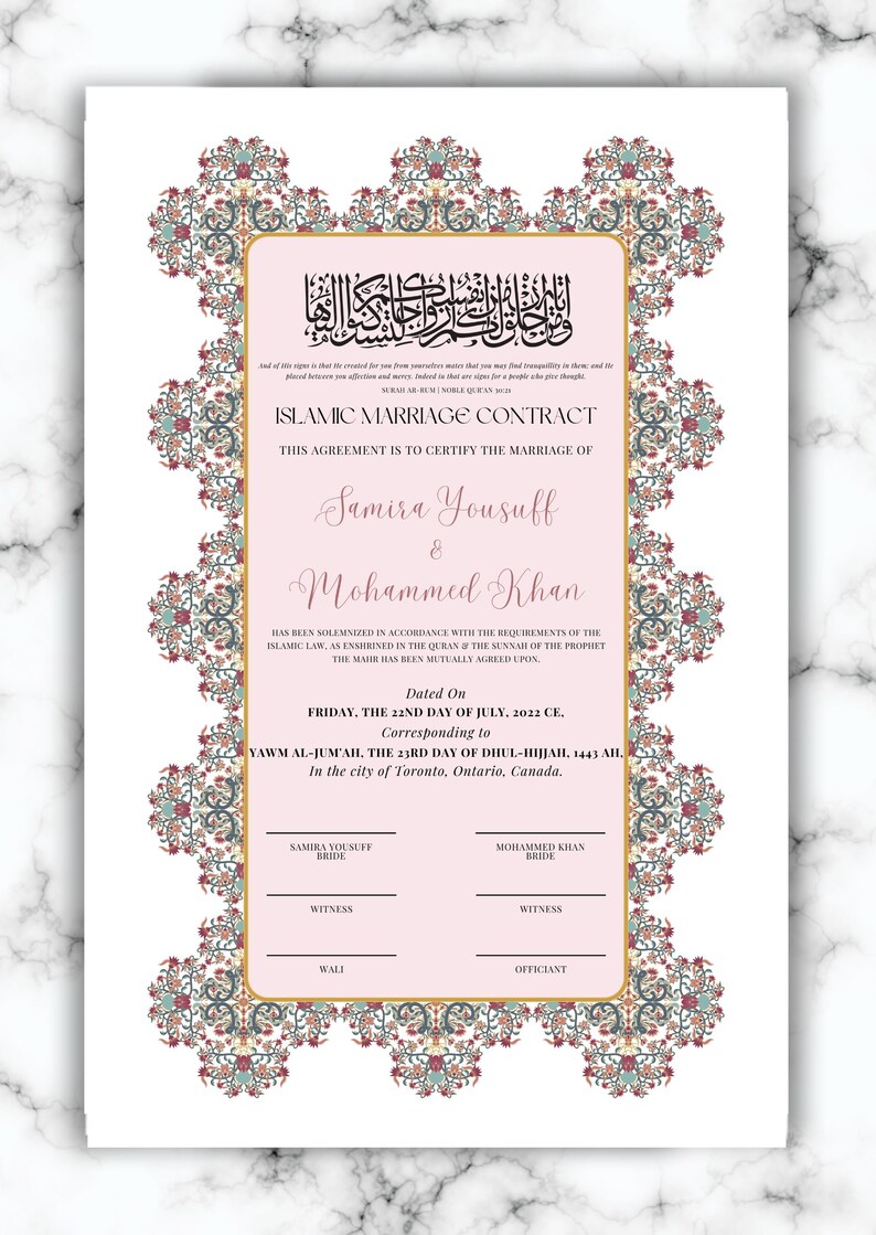 Nikkah Contract, Nikah Nama, Customized Muslim Marriage Certificate ...