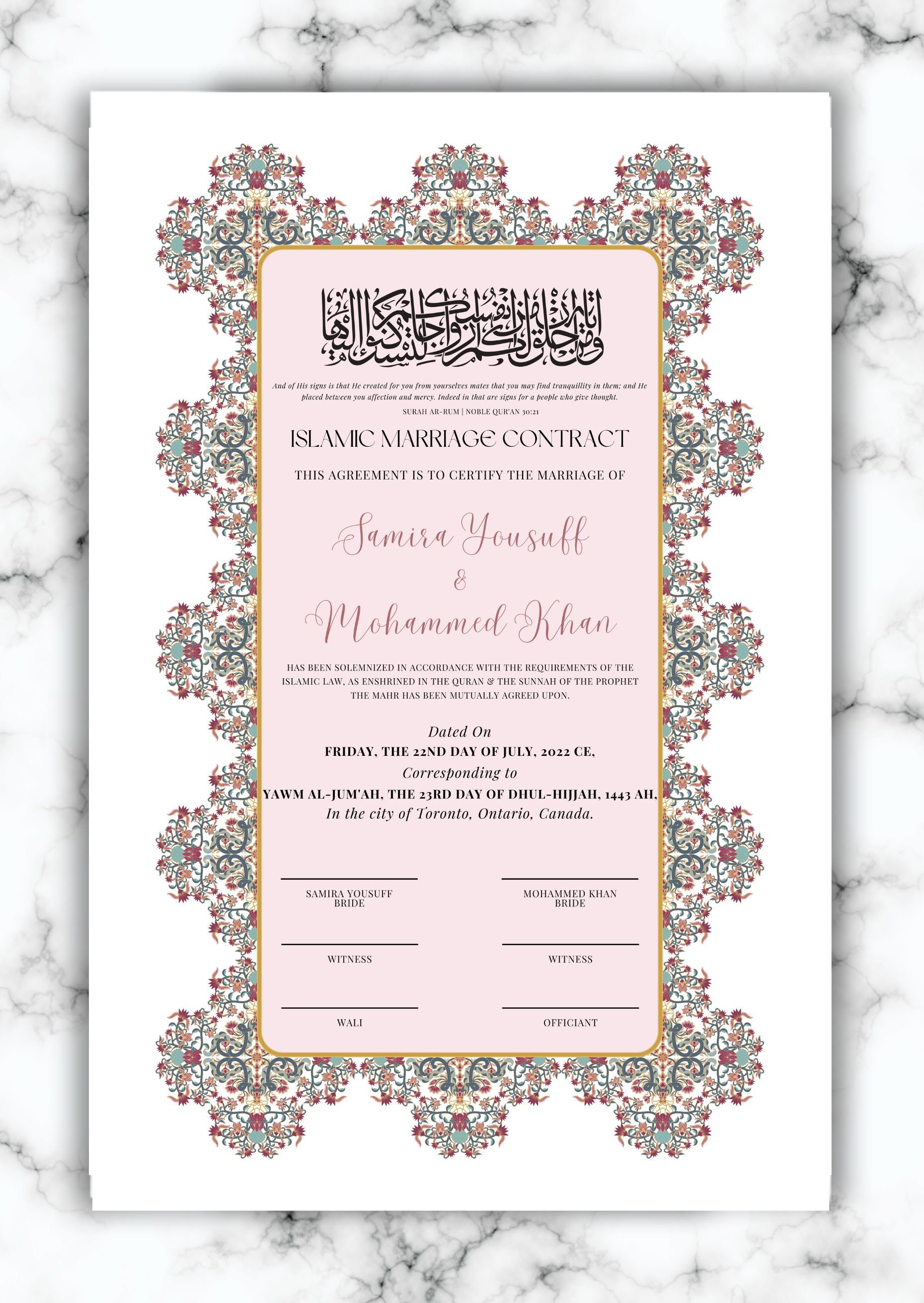 Nikkah Contract, Nikah Nama, Customized Muslim Marriage Certificate ...