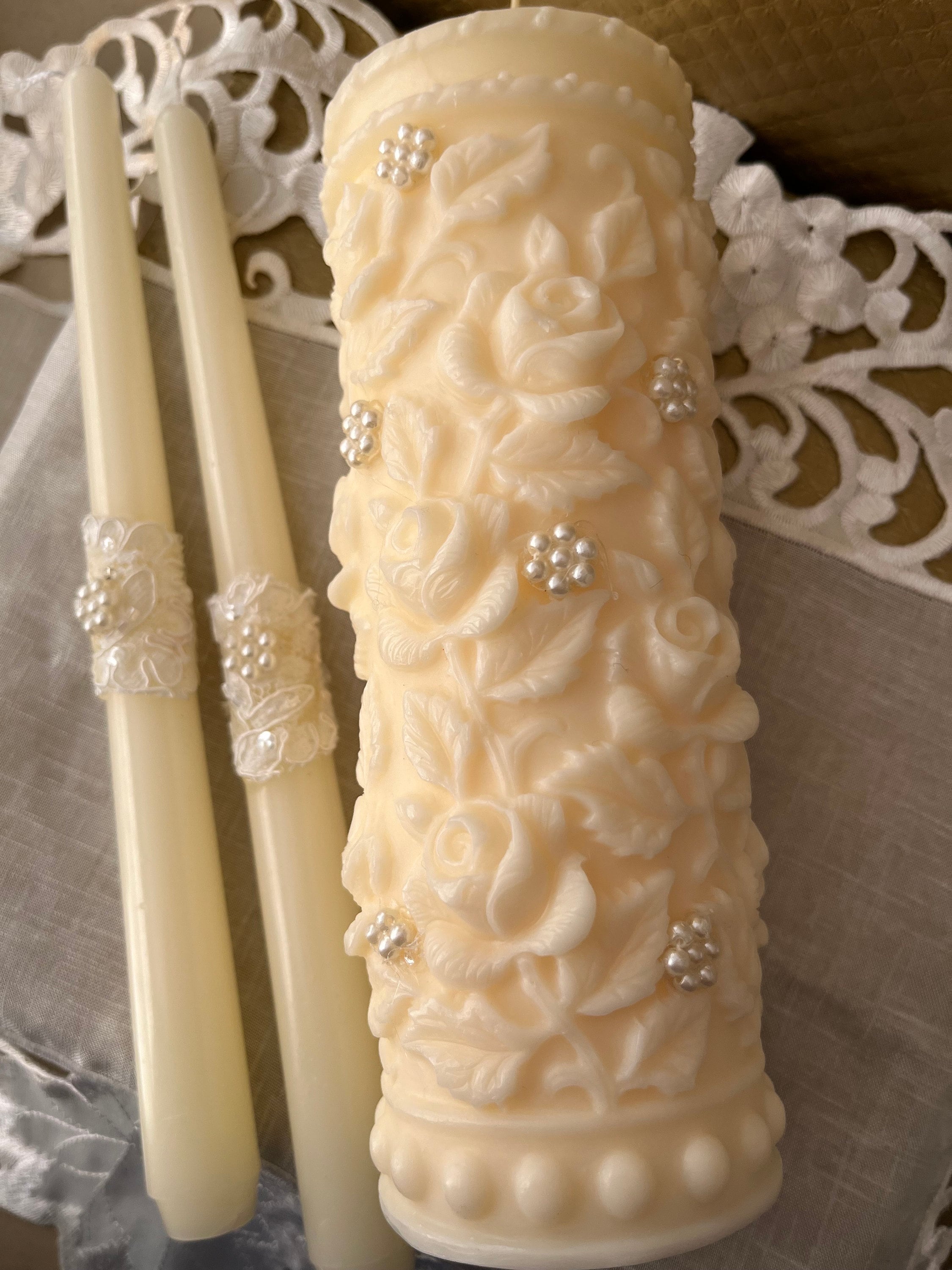Beautiful 3 Piece Ivory Unity Candle Set With Embossed Roses, Pearls ...